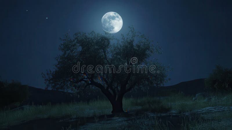 Moonlit Tree a Serene Nightscape with a Solitary Tree Silhouetted ...