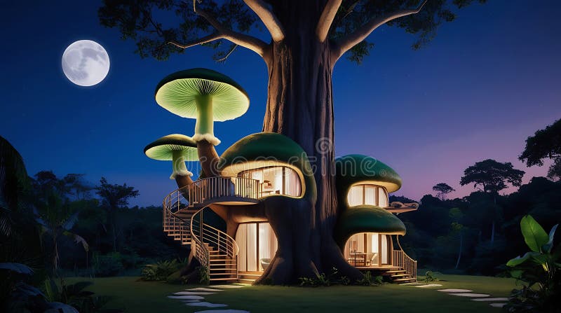 Moonlit Tree Trunk House with Sea Green Mushrooms in the Jungle. Stock ...