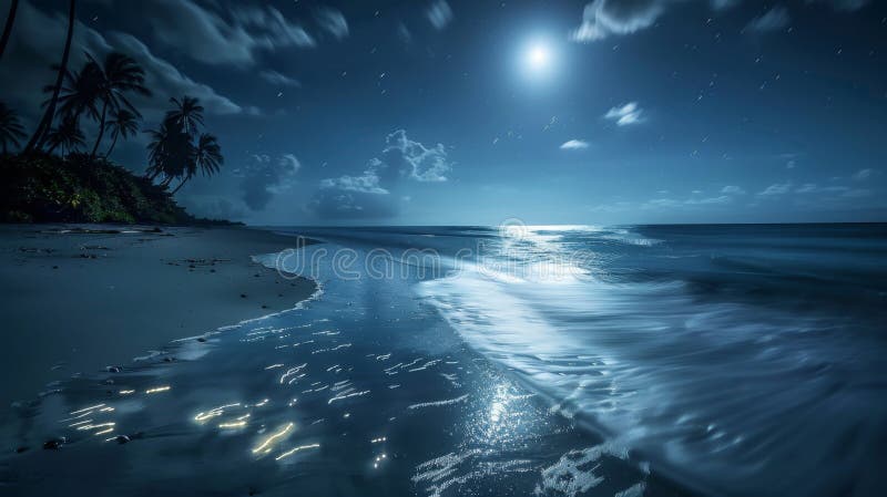 Moonlit Tropical Beach with Sparkling Waves, Generative AI Stock Image ...