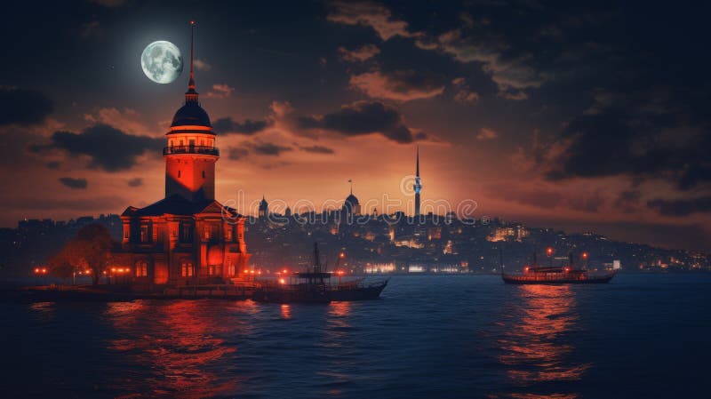 Moonlit Turkish Building in Dystopian Cityscape Stock Illustration ...