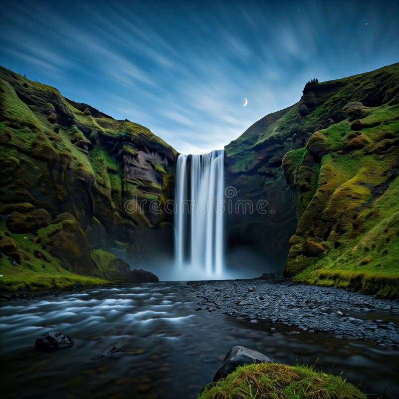 Moonlit Waterfall in Lush Forest Stock Illustration - Illustration of ...