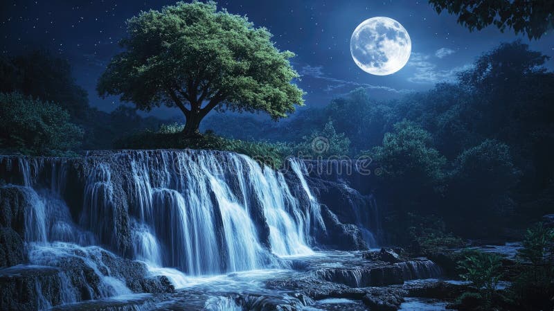 Moonlit Waterfall Scenery stock photo. Image of night - 367169226