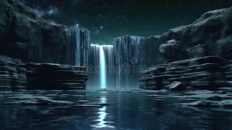 Moonlit Waterfall Serenity stock illustration. Illustration of serene ...