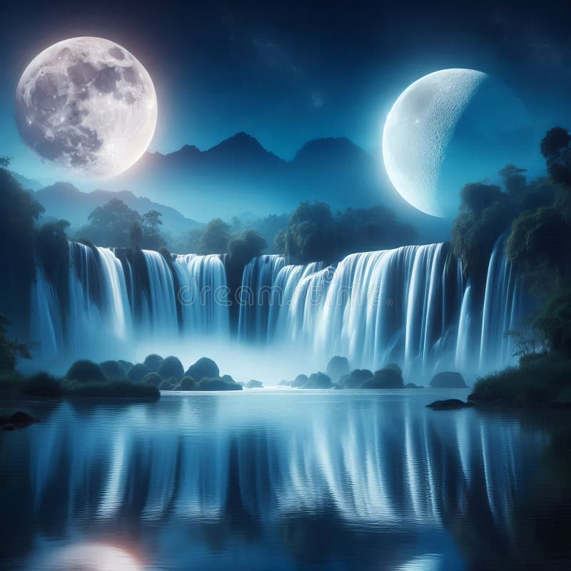 Moonlit Waterfall Two Crescent Moons One White and One Silver Re Stock ...