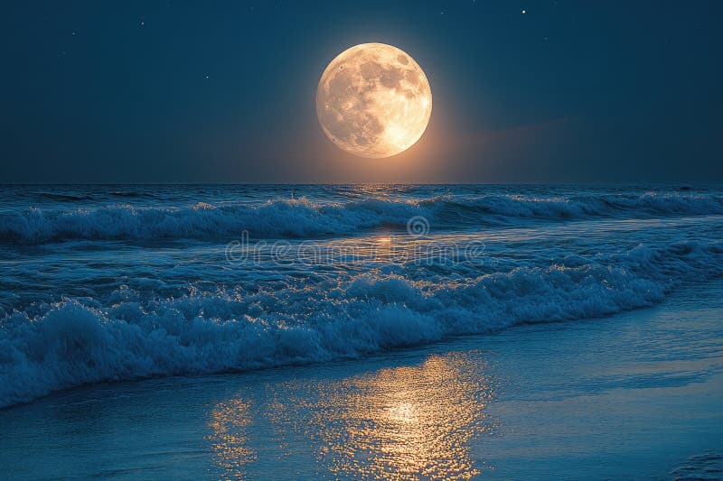 Moonlit Waves: a Full Moon Illuminates the Tranquil Ocean Und Stock ...