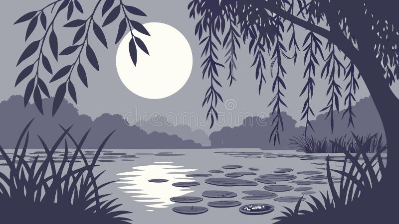 Moonlit Willow Tree, Night Pond and Serene Landscape Vector Design ...