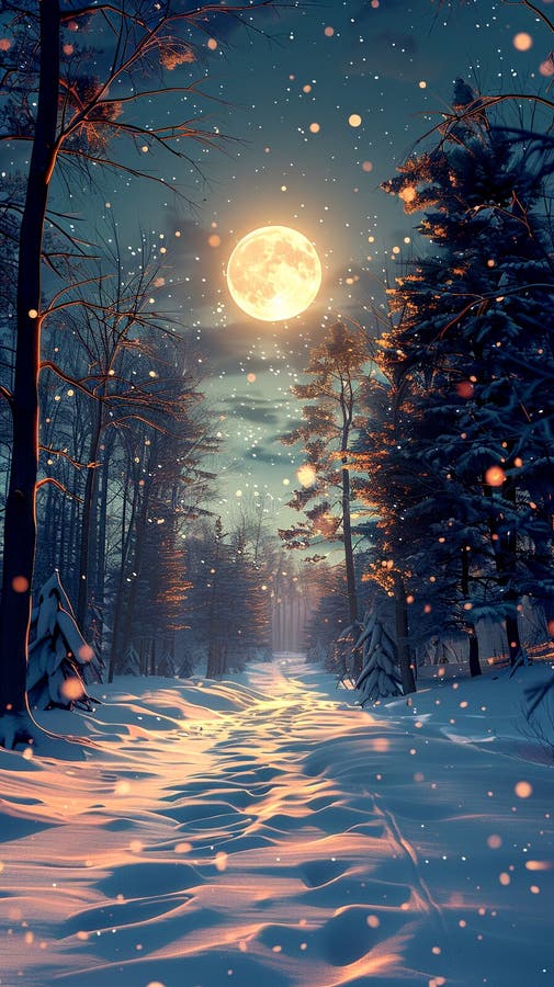 Moonlit Winter Path through a Snowy Forest on a Serene, Starry Night ...