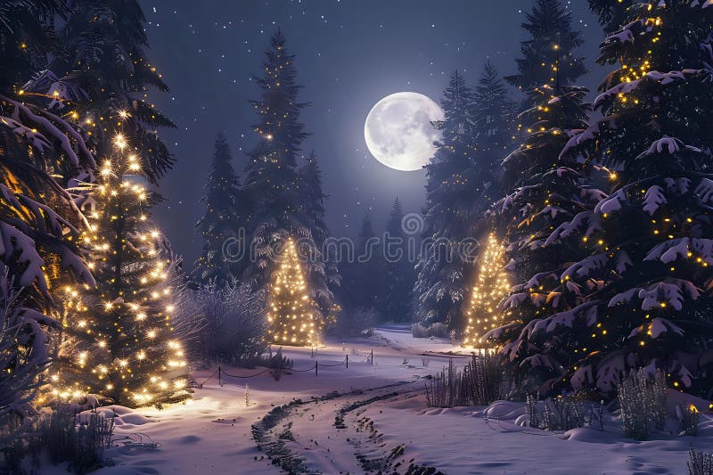 Moonlit Winter Wonderland: Snow, Trees, and Festive Lights Stock Photo ...