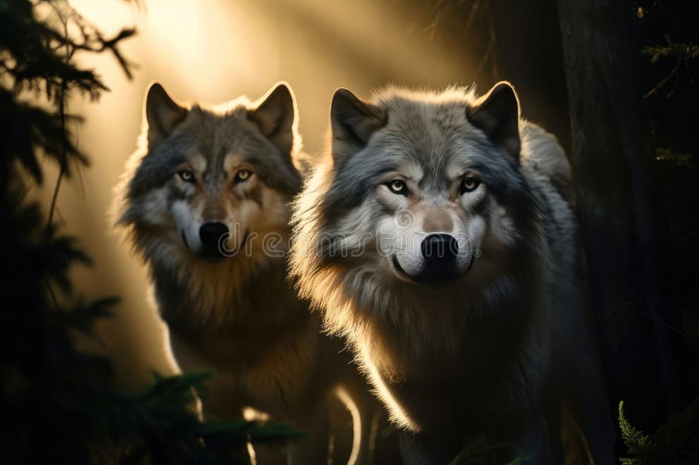 Moonlit Wolf Duo in Night S Embrace. Stock Illustration - Illustration ...