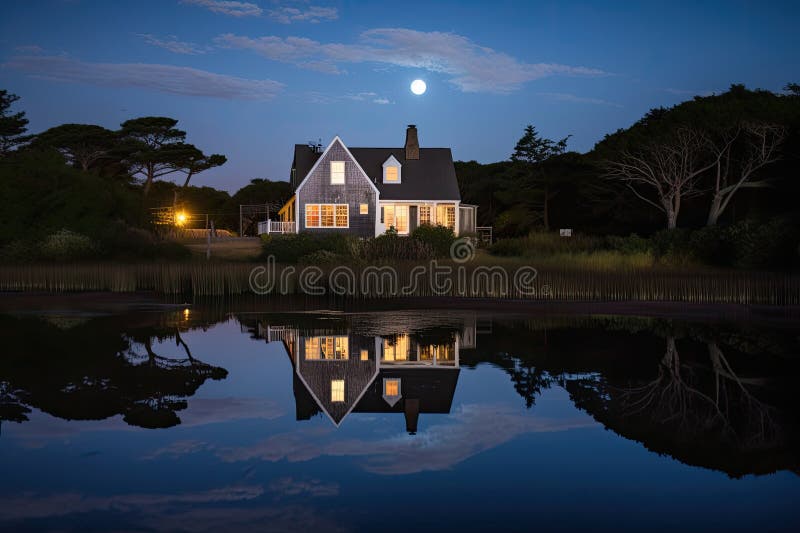 Moonrise Over Cape Cod House with Reflection in Water Stock ...