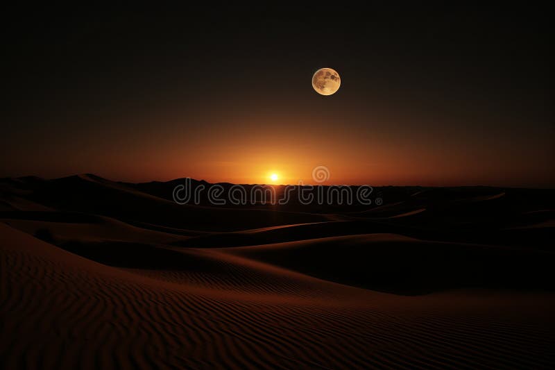 Moonrise Over the Desert As the Sun Sets in a Dramatic Twilight ...