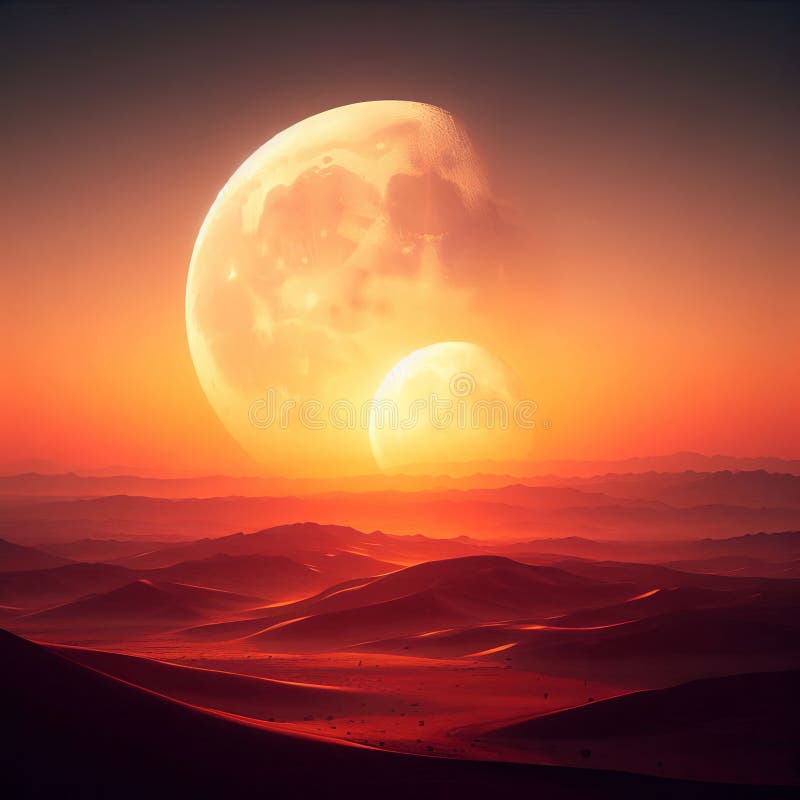 Moons in a Desert at Sunset Two Moons One a Warm Orange and the Stock ...
