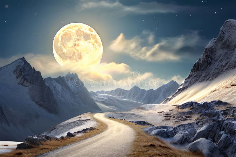 Moons Over a Mountain Pass Two Moons One a Pale Blue and the Oth Stock ...