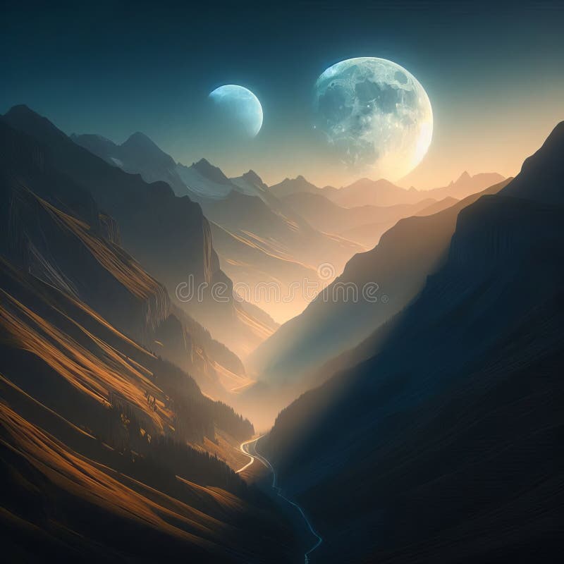 Moons Over a Mountain Pass Two Moons One a Pale Blue and the Oth Stock ...