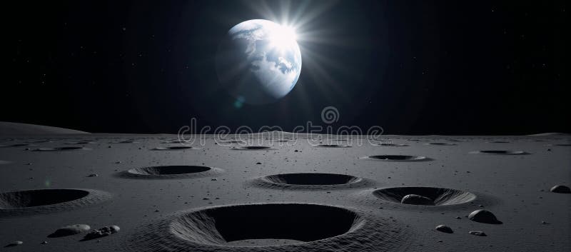 Moons Surface Reveals Earth with Starry Backdrop Earthview from Moon ...