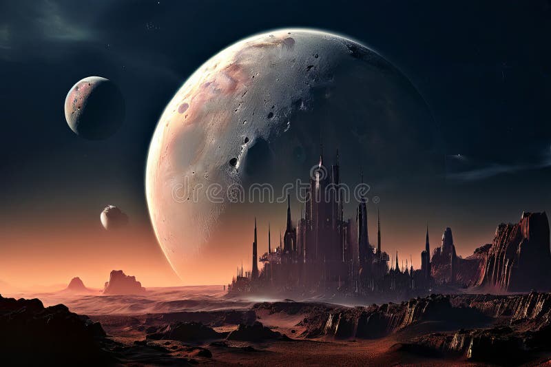 Moons with Visible Civilizations and Structures on Their Surface Stock ...
