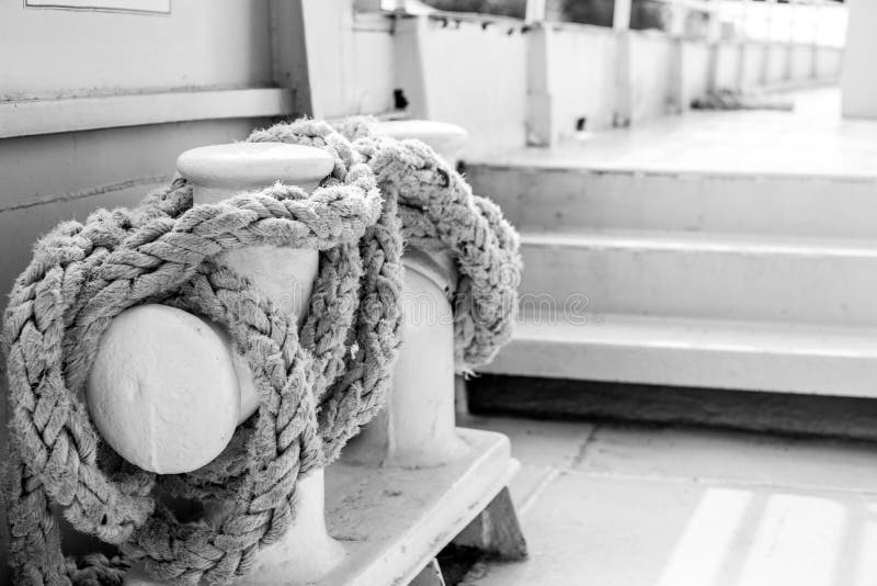 Mooring Bitts with White Rope on the Large Ship, Black and White Photo ...