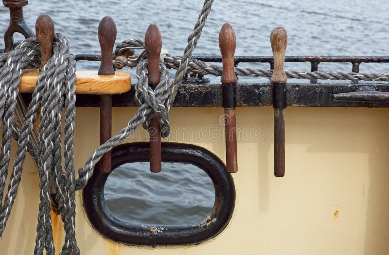 Inside view of ships side. stock image. Image of rope - 312634239