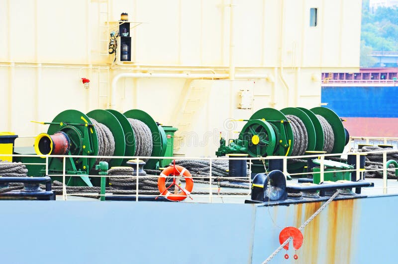Mooring winch with hawser stock image. Image of forward - 83978817