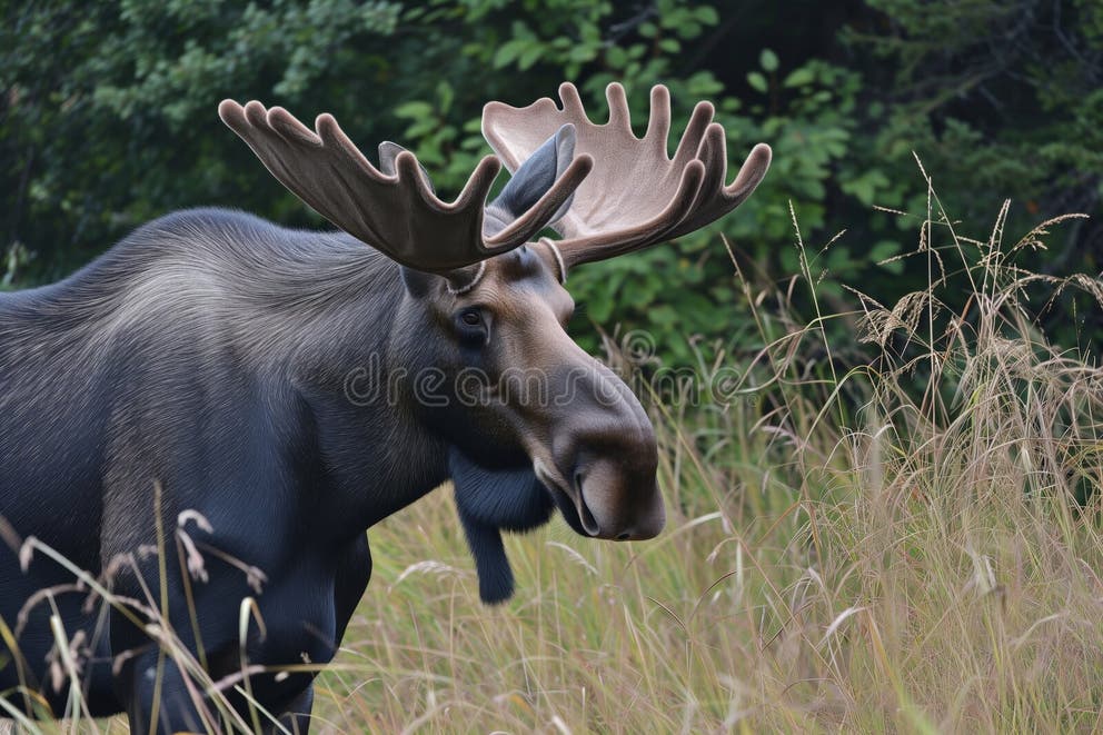 Moose with Antlers, Tall Grass and Forest Edge Stock Image - Image of ...