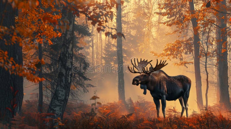 Moose in Autumn Forest with Warm Sunlight, Nature Wildlife Stock Photo ...