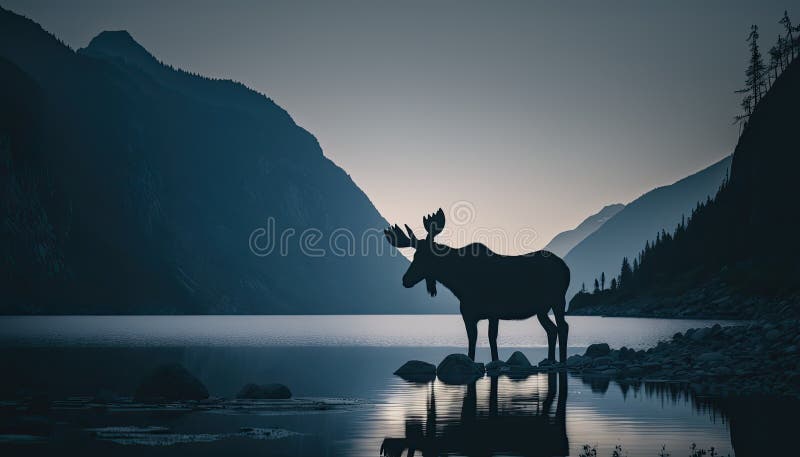 Moose Bull Walking in the River at Night, Generative Ai Stock ...