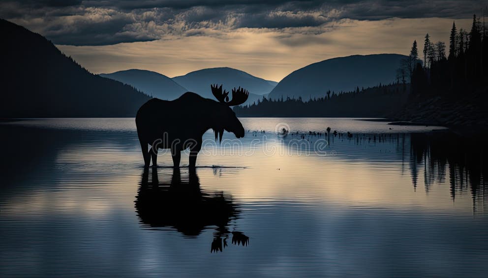 Moose Bull Walking in the River at Night, Generative Ai Stock ...