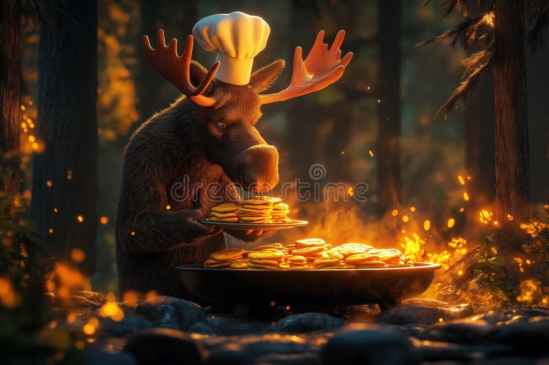 Moose Chef Cooking Pancakes in a Forest at Sunset Stock Illustration ...