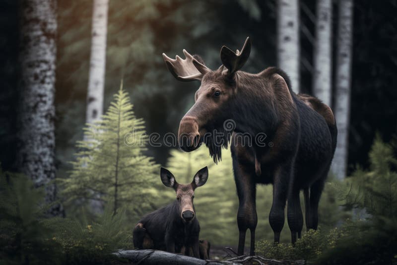 Moose with Cub in Natural Habitat. Generative AI Stock Illustration ...