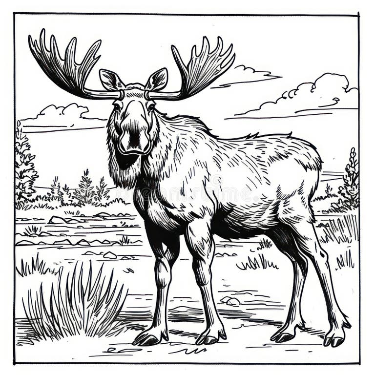 Moose Drawing Coloring Book Page Stock Illustration - Illustration of ...