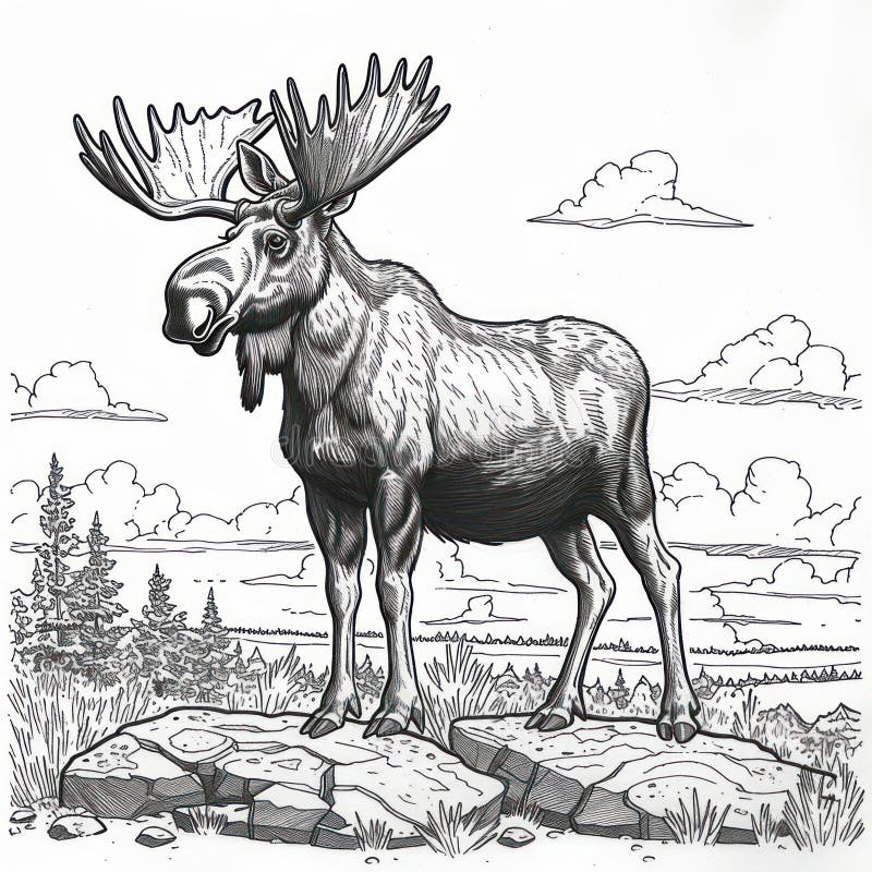 Moose Drawing Coloring Book Page Stock Illustration - Illustration of ...