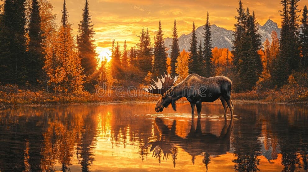 Moose Drinking from a Lake at Sunset in a Forest Stock Illustration ...