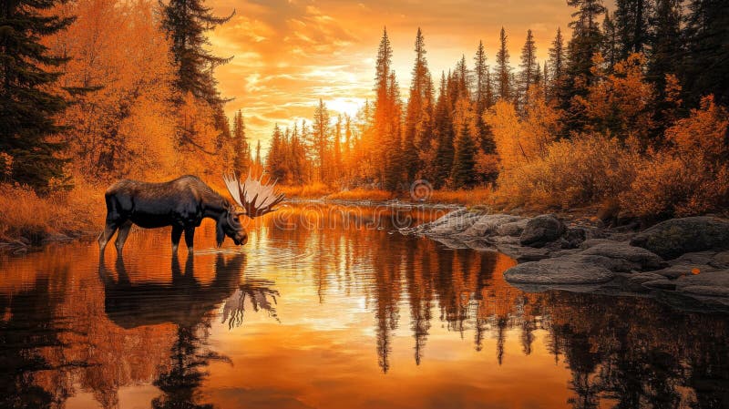 Moose Drinking from a River in an Autumn Forest at Sunset Stock ...