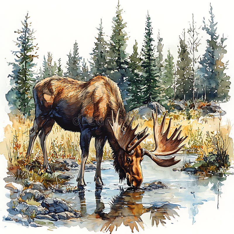 Moose Drinking Water in a Forest Stream Stock Illustration ...
