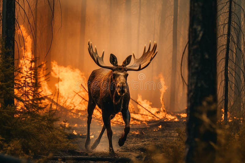 Moose Escapes Forest Fire. Generative AI Stock Illustration ...