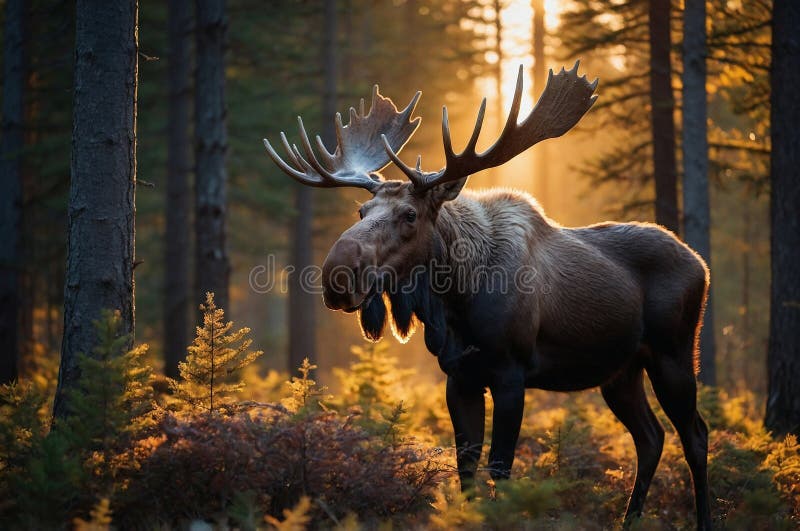 Moose in the Forest Against the Background of Sunset.Autumn Forest ...