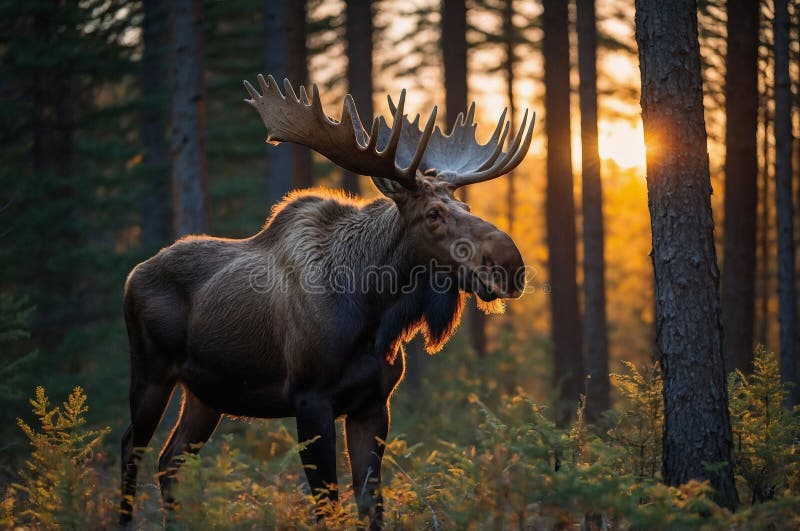 Moose in the Forest Against the Background of Sunset.Autumn Forest ...