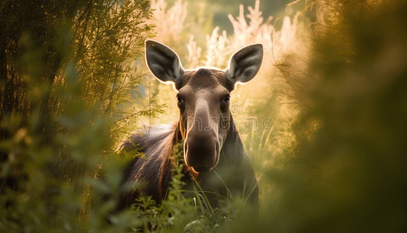 Moose in the Grass at Sunset. Wildlife Scene from Nature Stock ...