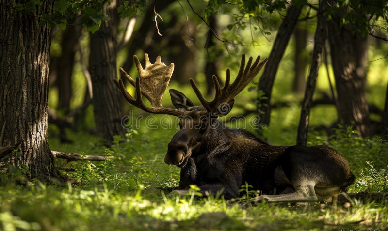 Moose Lying in the Shade of Trees, Dappled Sunlight Stock Image - Image ...