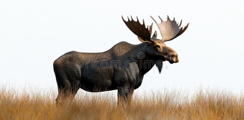 A Moose is Positioned in Tall Grass, Displaying Its Impressive Antlers ...