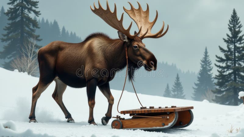 Moose Pulling Wooden Sled through Snowy Forest Stock Illustration ...