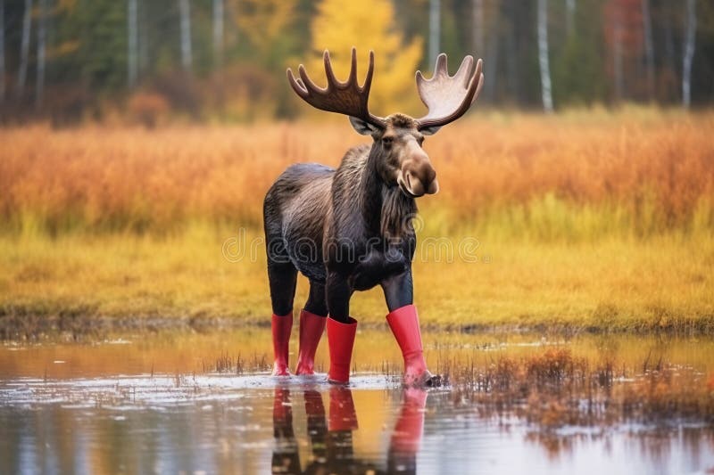 Moose in Red Mud Boots Walking through Marsh. Generative AI Image ...