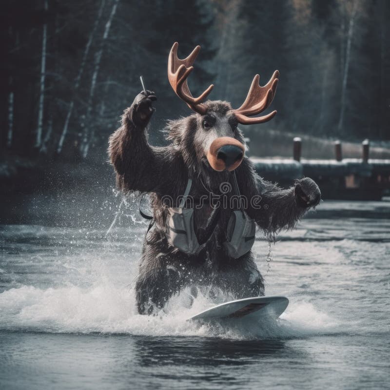 A Moose is Riding a Surfboard in the Water. Generative AI Image. Stock ...
