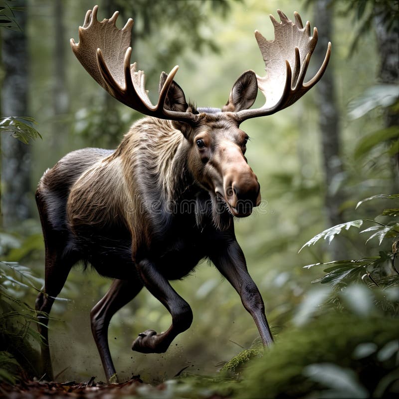 Moose Running through Forest. Stock Illustration - Illustration of ...