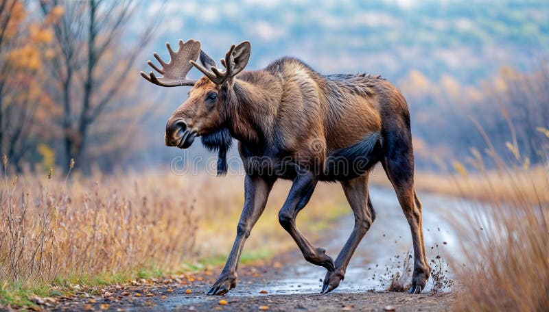 Moose Runs through Snowy Forest Creating a Majestic Autumn Scene Stock ...