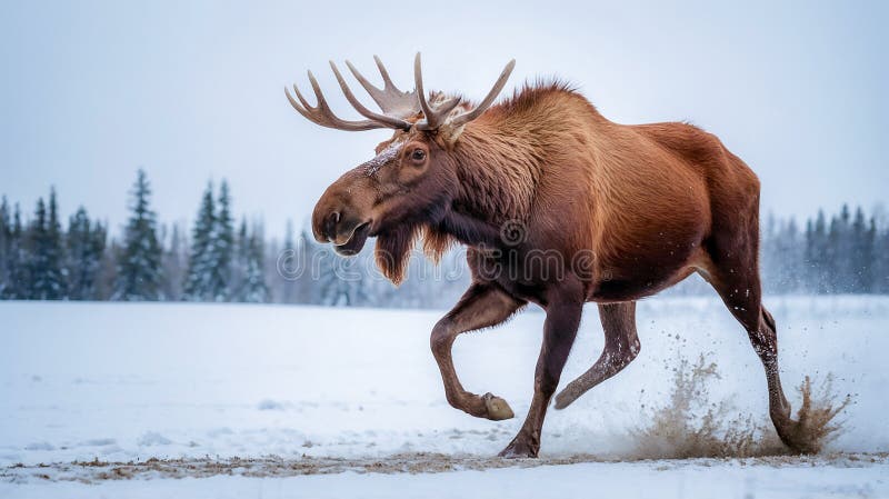 Moose Runs through Snowy Forest Creating a Majestic Winter Scene Stock ...