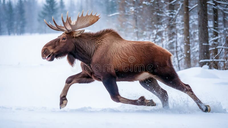 Moose Runs through Snowy Forest Creating a Majestic Winter Scene Stock ...