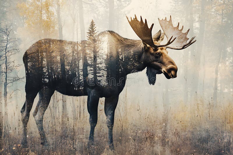 Moose Silhouette Overlapping with Forest Landscape in Double Exposure ...