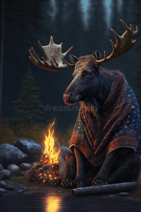 A Moose Sitting Next To a Campfire. Generative AI Stock Illustration ...