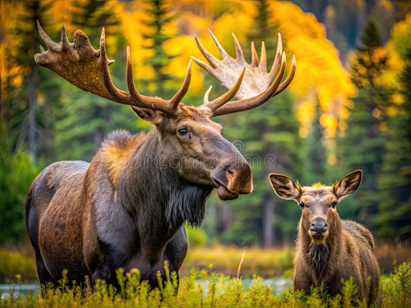 Moose with a Small Moose in the Taiga Stock Photo - Image of adult ...